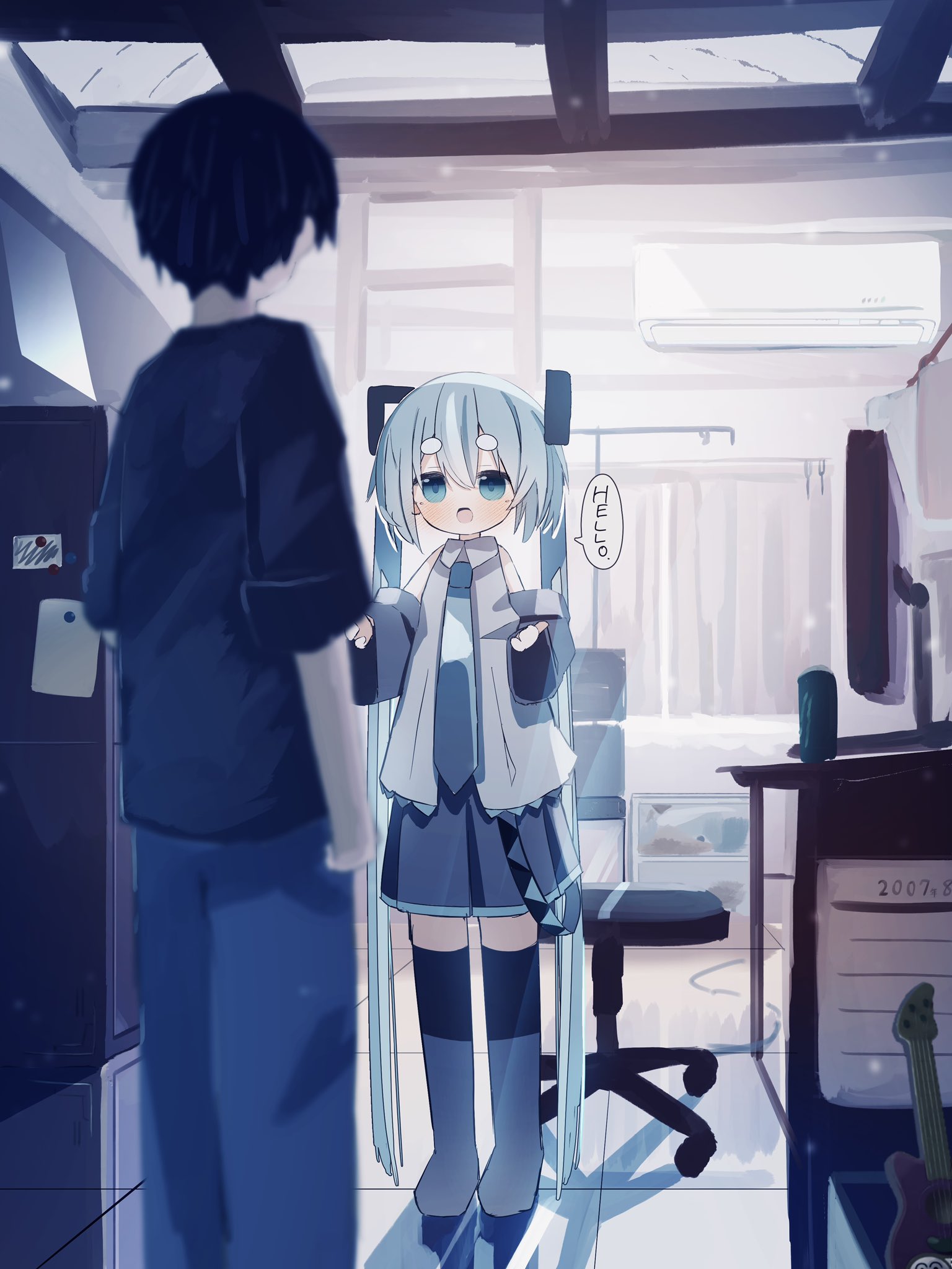 Safebooru - 1boy 1girl black footwear black skirt black sleeves blue eyes blue hair blue necktie ...