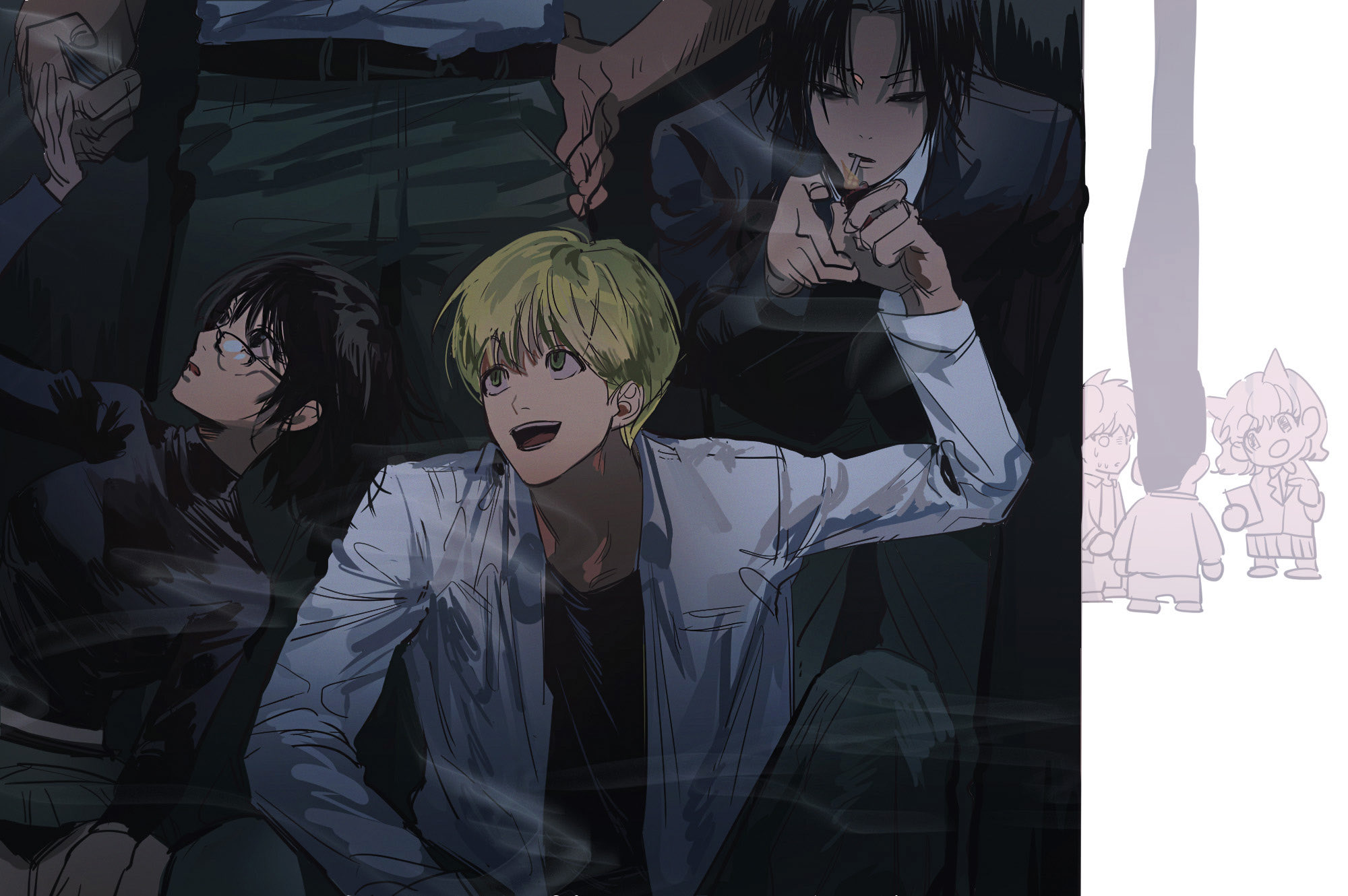 Safebooru - 1girl 1other 5boys :d alternate costume arm hair belt chibi ...