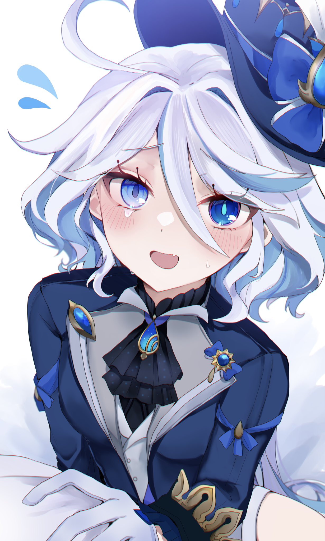 Safebooru - 1girl ahoge blue eyes blush coat fang flustered furina ...