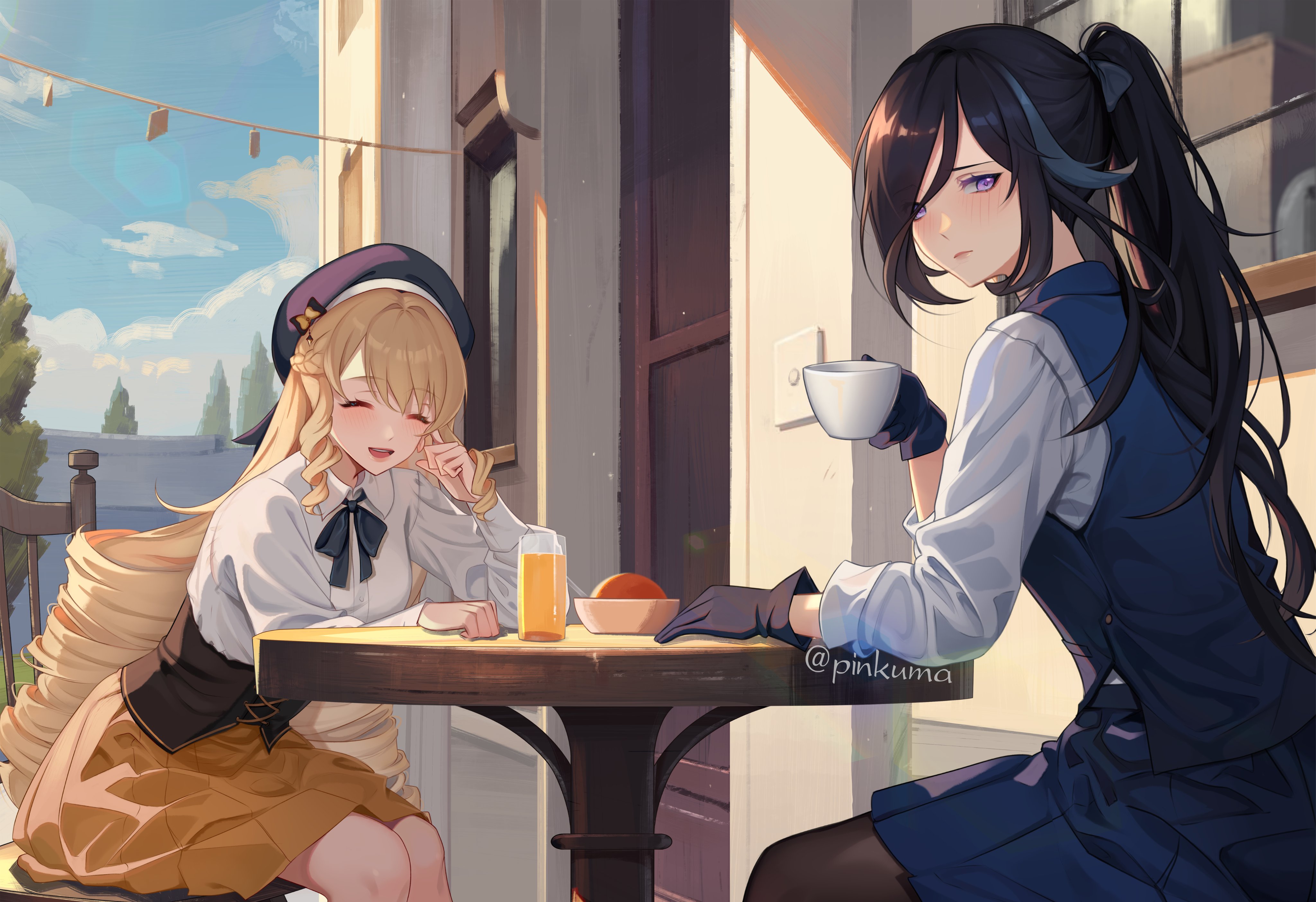 Safebooru - 2girls ^ ^ absurdres alternate costume alternate hairstyle beret black hair black ...