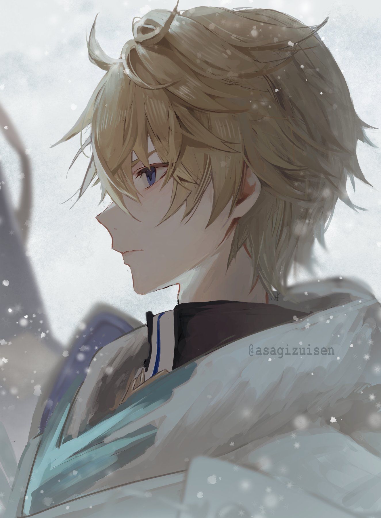 Safebooru - 1boy artist name asagizuisen black shirt blonde hair blue eyes blurry blurry ...