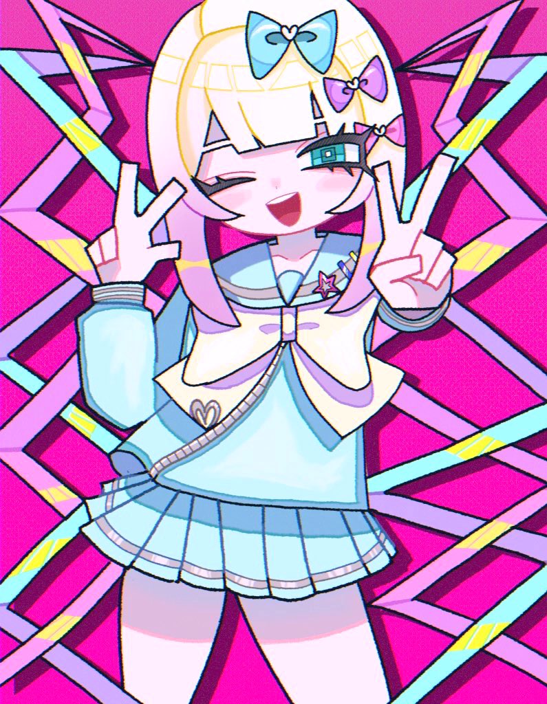 Safebooru - 1girl ;d blonde hair blue bow blue eyes blue hair blue shirt blue skirt blunt bangs ...