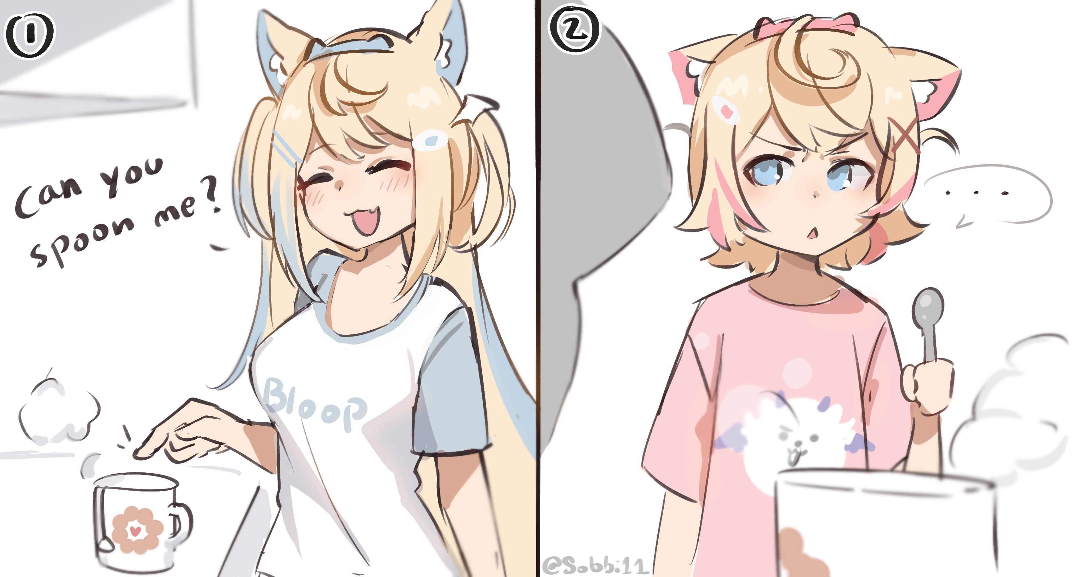 Safebooru - 2girls absurdres animal ear fluff animal ears blonde hair blue eyes blue hair closed ...