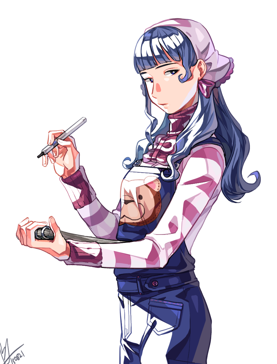Safebooru - 1girl ace attorney animal print bear print blue eyes blue hair blue overalls blunt ...