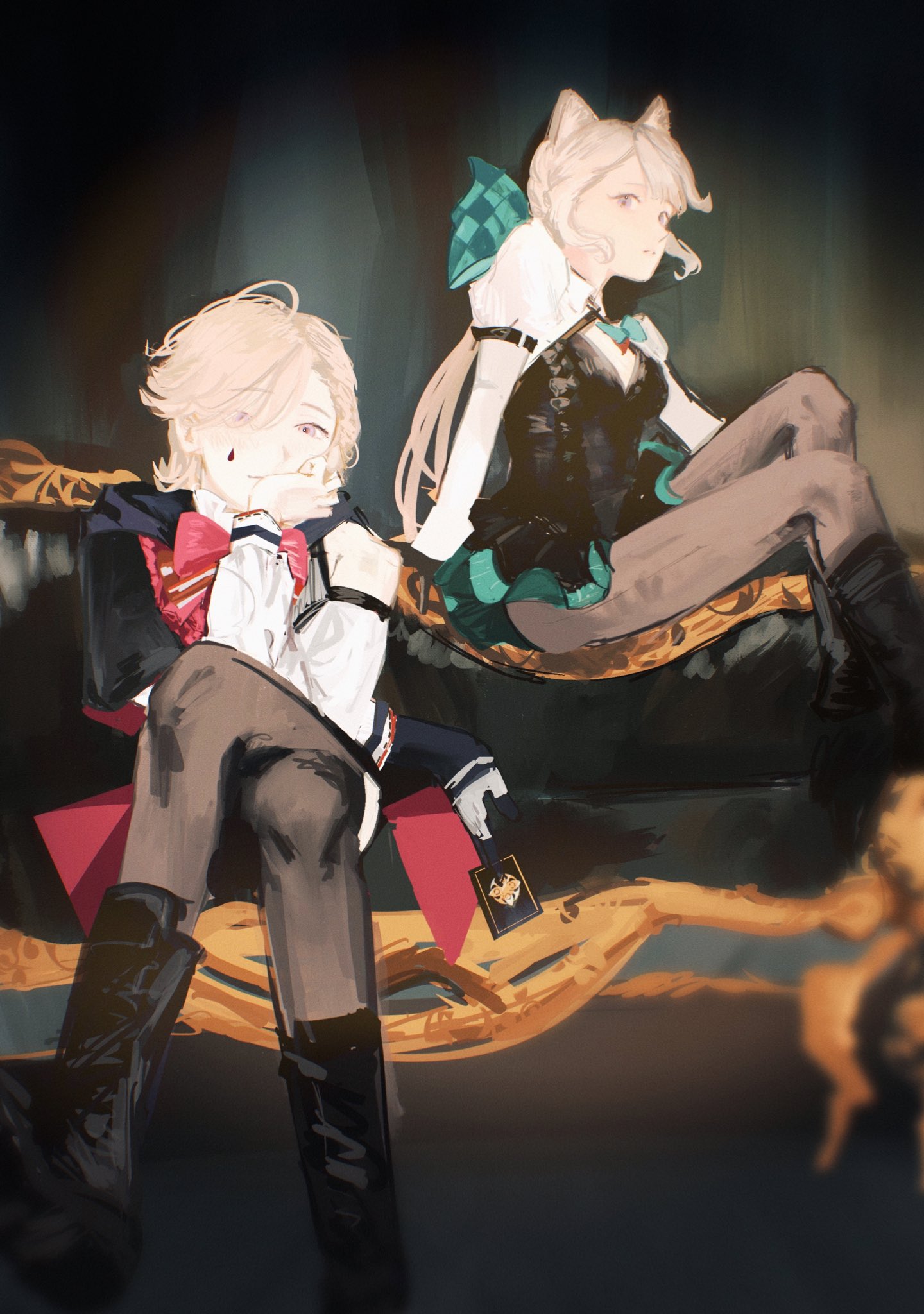 Safebooru - 1boy 1girl animal ears black cape black footwear black leggings black leotard blonde ...