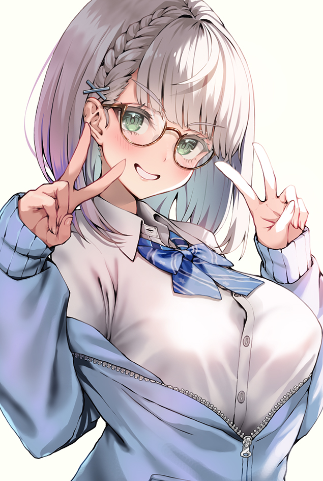 Safebooru - 1girl bespectacled blue bow blue bowtie blue jacket blush bow bowtie braid breasts ...
