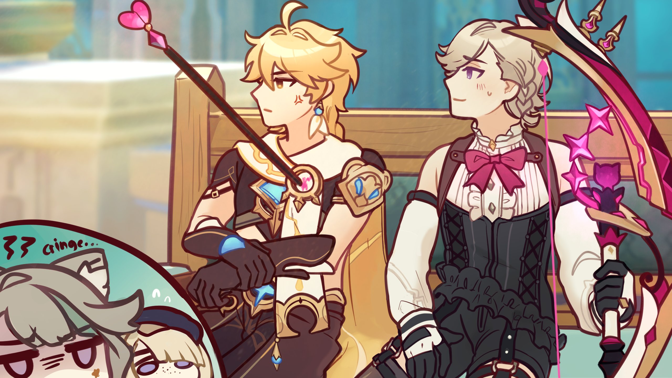 Safebooru - 1girl 3boys 3d background aether (genshin impact) ahoge anger vein animal ear fluff ...