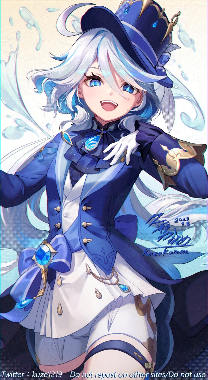 Safebooru - 1girl :d ahoge ascot blue ascot blue eyes blue hair blue headwear blue jacket brooch ...