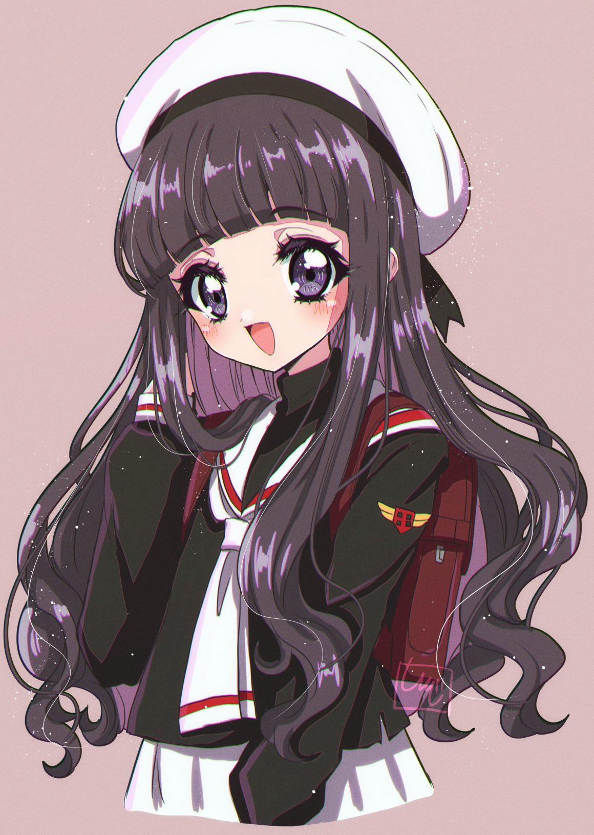 Safebooru - 1girl :d backpack bag beret black hair black shirt black sweater blunt bangs blush ...