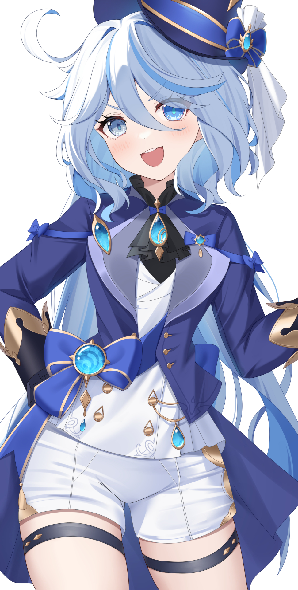 Safebooru - 1girl ahoge ascot black ascot blue eyes blue hair blue headwear blue jacket furina ...