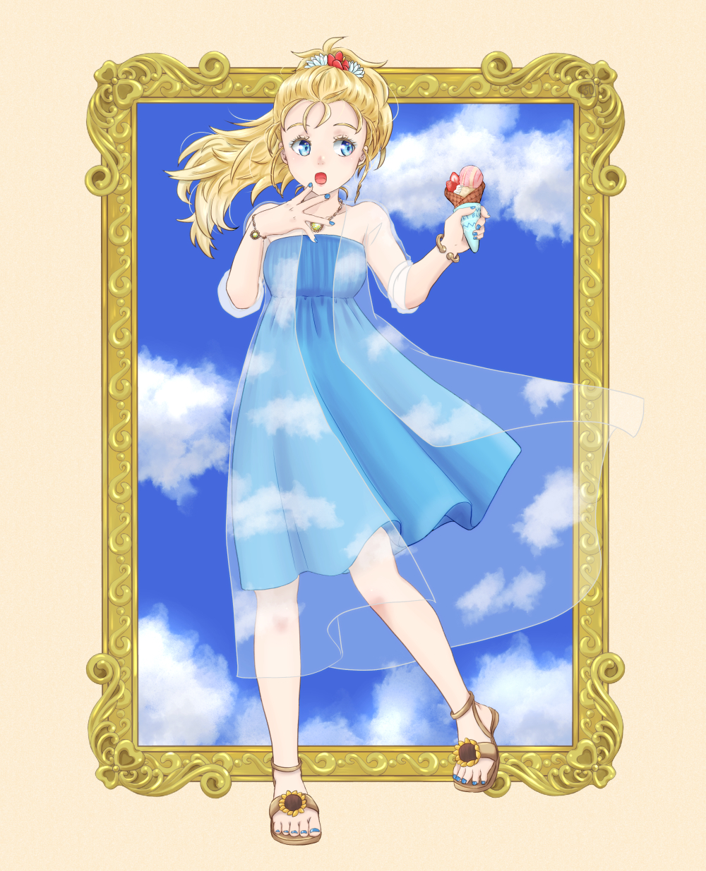 Safebooru - 1girl blonde hair blue dress blue eyes clouds dress feet ...