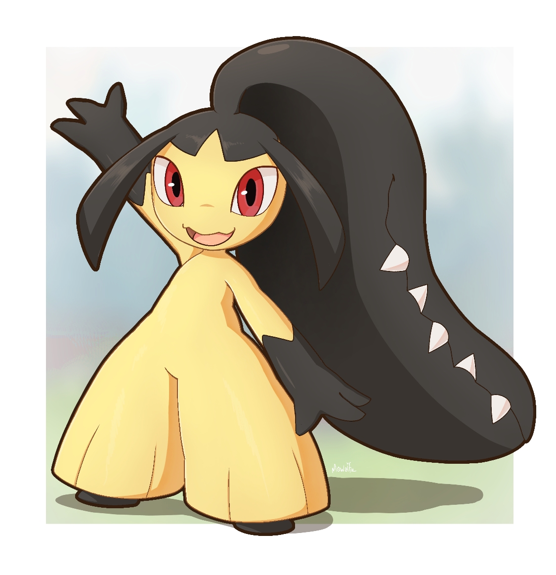 Safebooru - :d arm up border commentary full body happy mawaifu mawile ...
