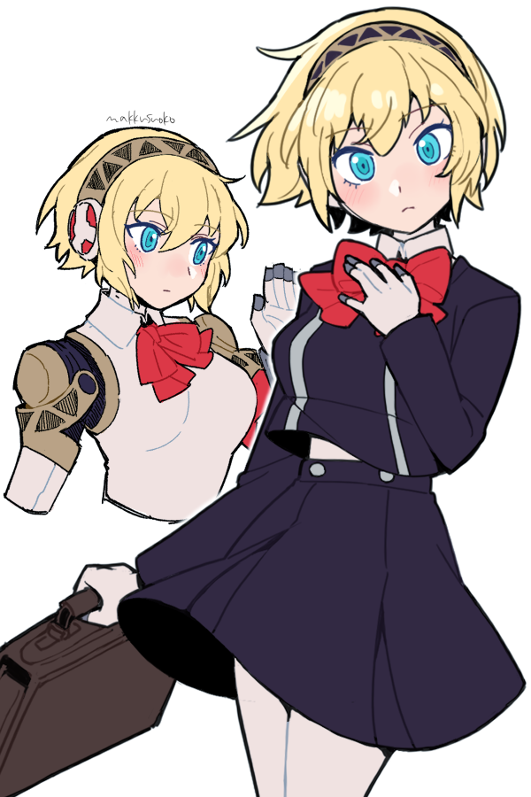 Safebooru - 1girl aegis (persona) alternate costume android artist name bag blonde hair blue ...