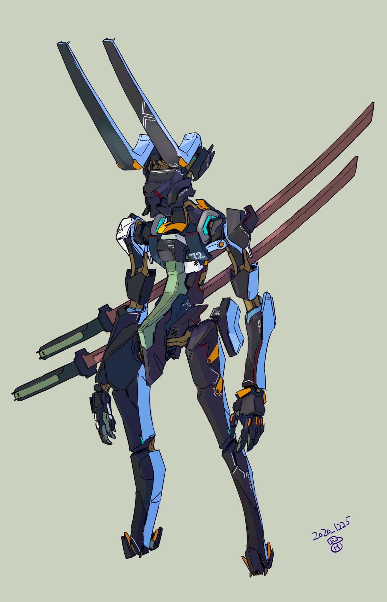Safebooru - dated grey background highres horns katana mecha moi moi7 ...