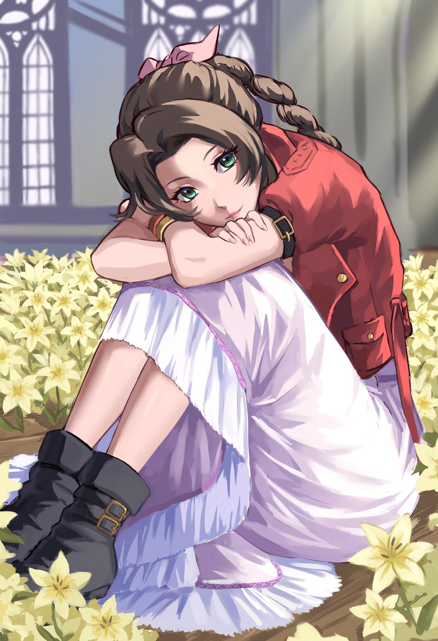 Safebooru - 1girl aerith gainsborough black footwear braid braided ponytail brown hair closed ...