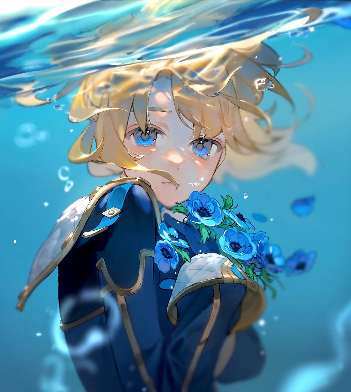 Safebooru - 1boy air bubble black gloves black jacket blonde hair blue eyes blue flower blurry ...