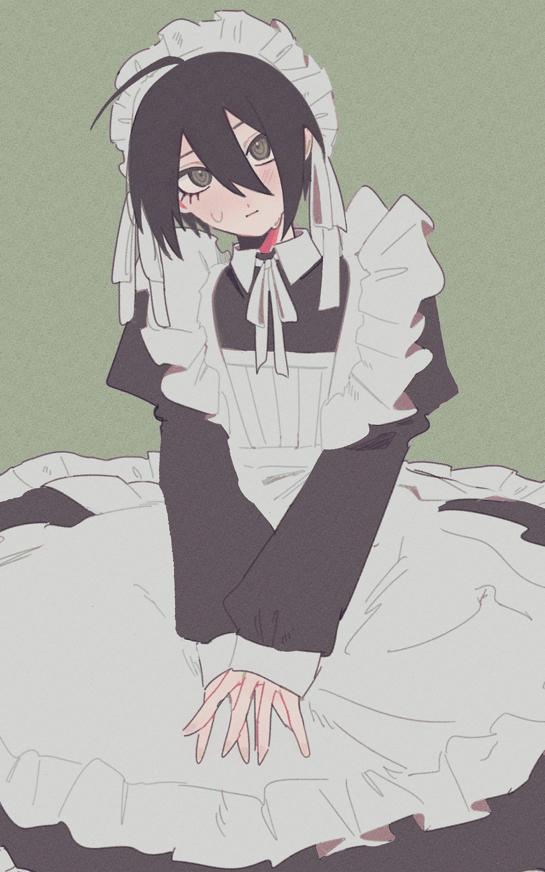 Safebooru - 1boy absurdres ahoge alternate costume apron black dress blush brown eyes collared ...