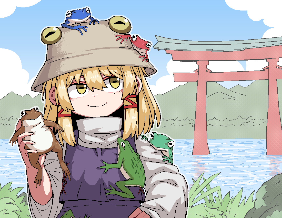 Safebooru - 1girl animal blonde hair brown headwear closed mouth day formicid frog hair between ...