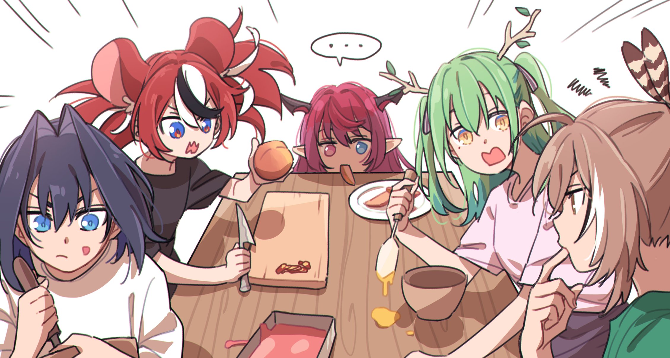 Safebooru - ... 5girls ahoge animal ears antlers black hair black shirt blue eyes blue hair bowl ...