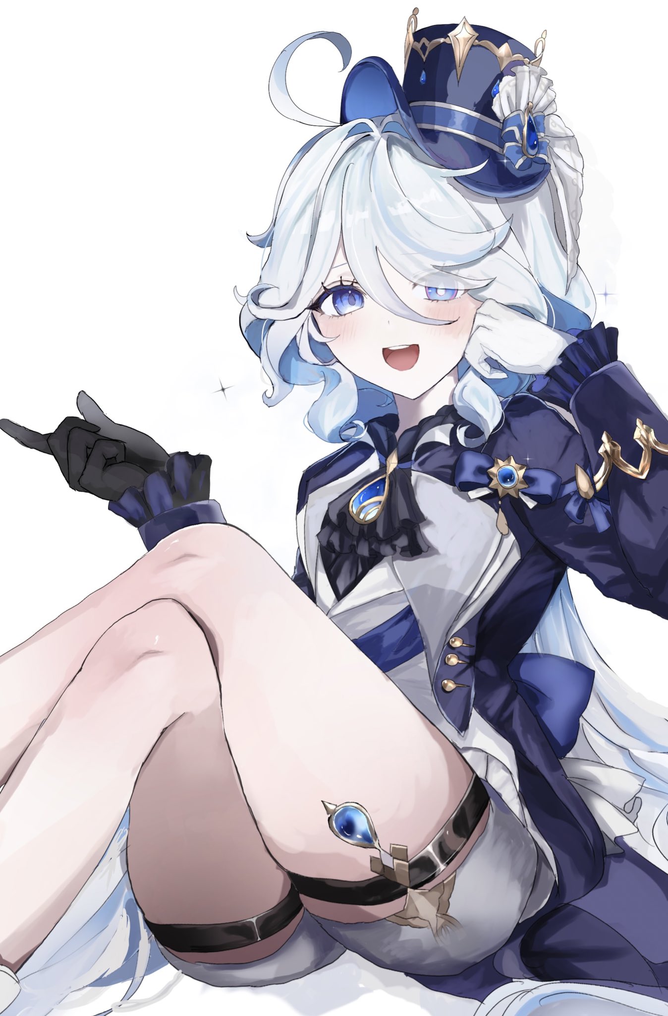 Safebooru - 1girl ahoge blue coat blue eyes blue headwear coat crossed legs furina (genshin ...