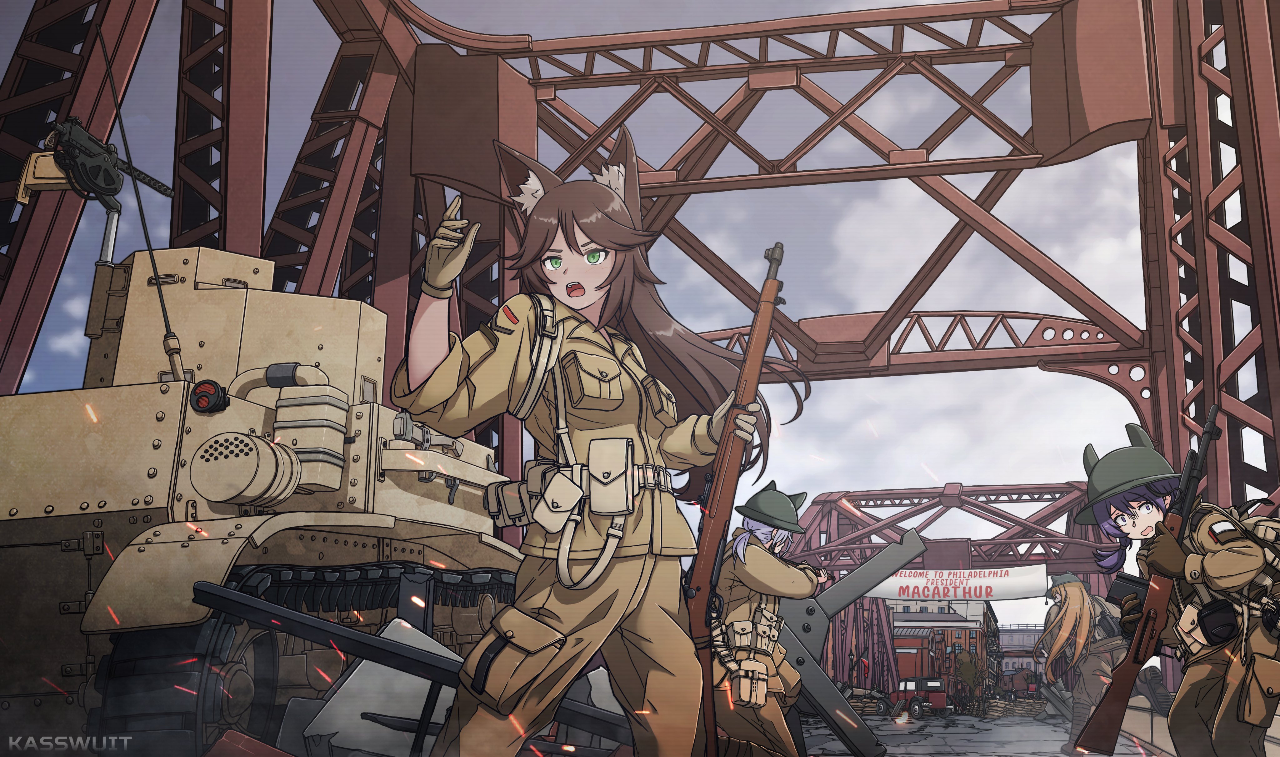 Safebooru - 3girls absurdres animal ears battle bolt action bridge ...