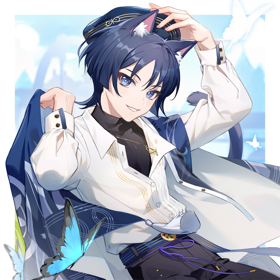 Safebooru - 1boy animal ears bananakeki beret bishounen black shirt blue eyes blue hair bug ...