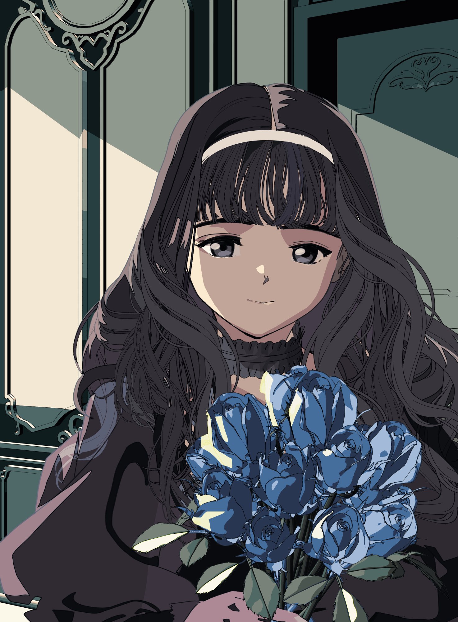 Safebooru - 1girl black choker black dress black hair blue flower blue rose bouquet cardcaptor ...