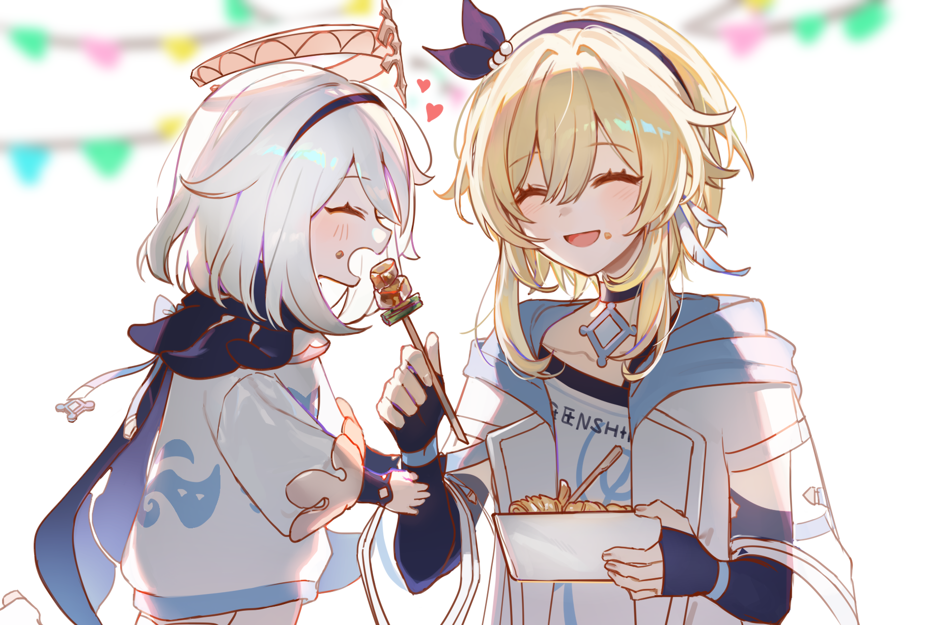 Safebooru - 2girls ^ ^ blonde hair blush closed eyes collarbone eating ...