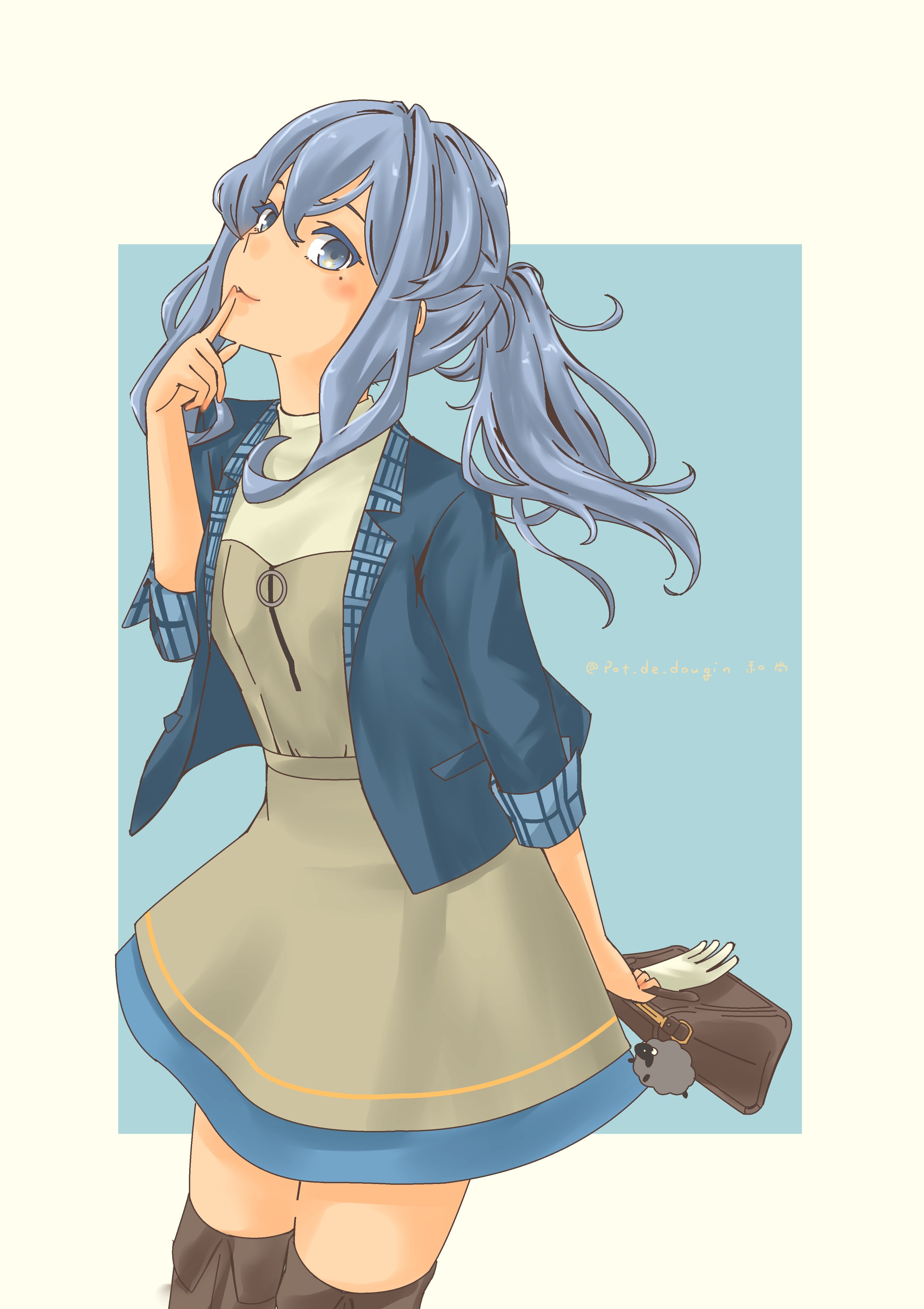 Safebooru - 1girl absurdres bag blue background blue eyes blue hair blue jacket brown dress ...