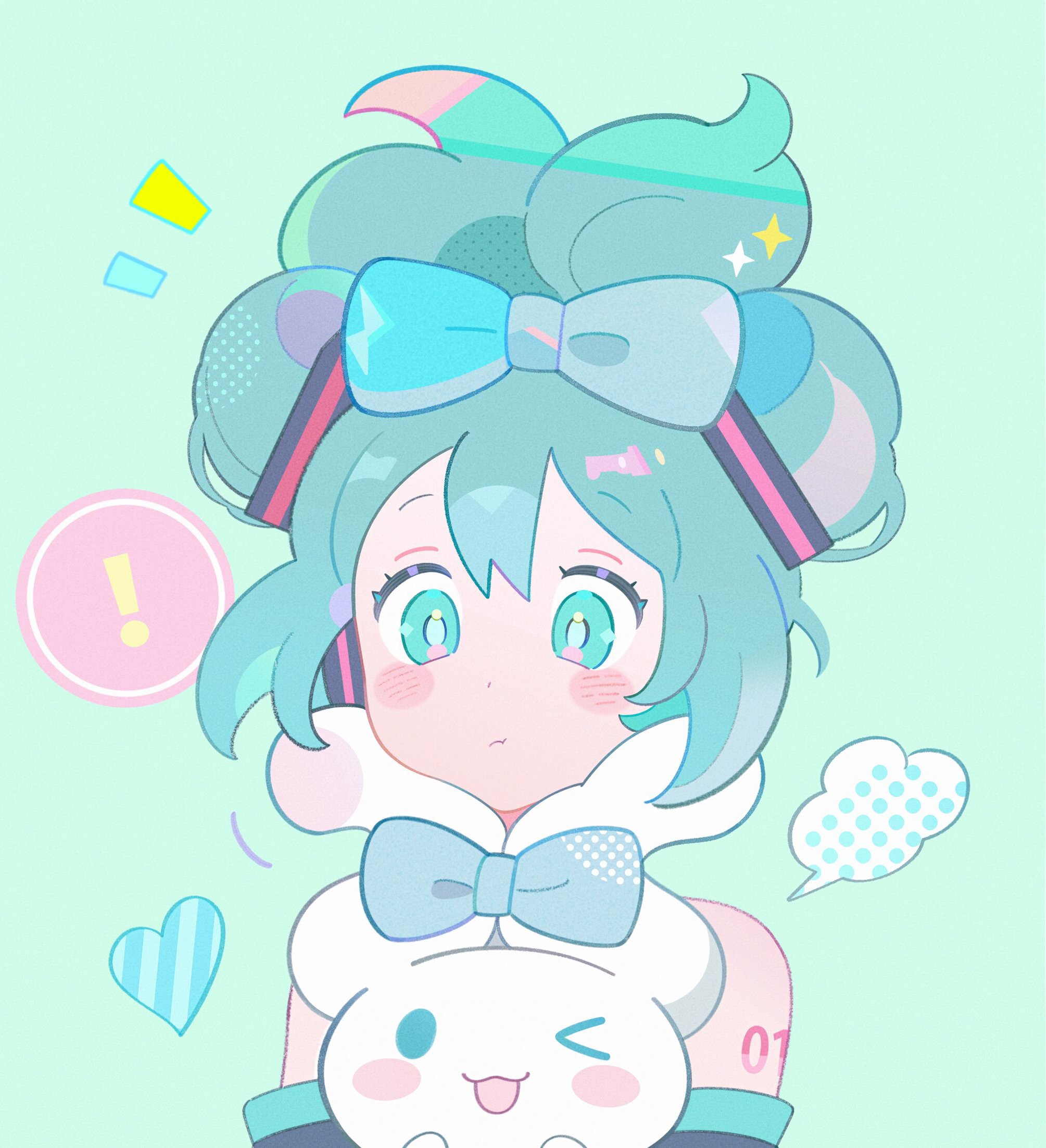 Safebooru - ! :t aqua bow aqua eyes aqua hair black sleeves blush ...