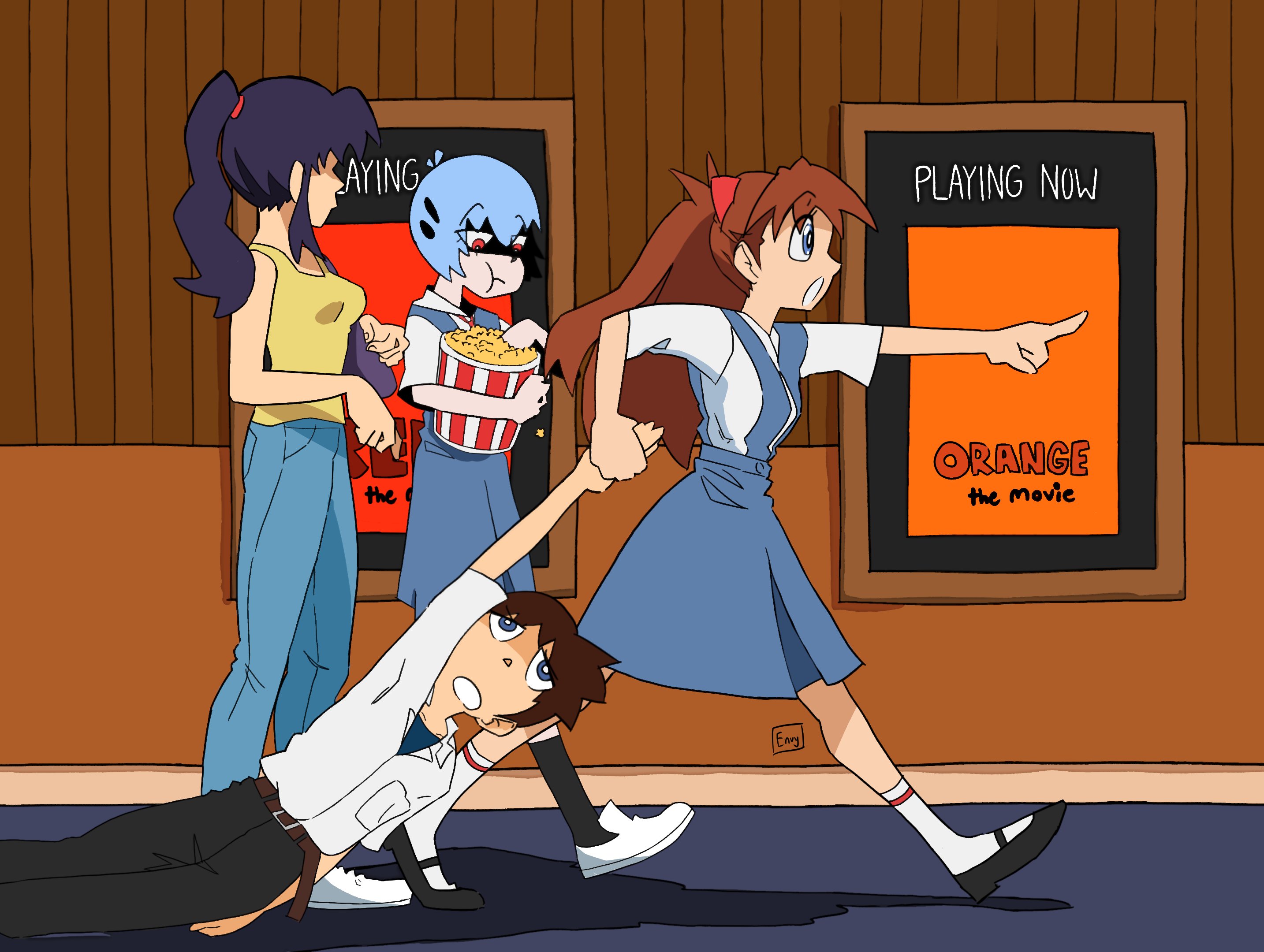 Safebooru - 1boy 3girls ayanami rei belt black footwear black socks blue eyes breasts brown belt ...