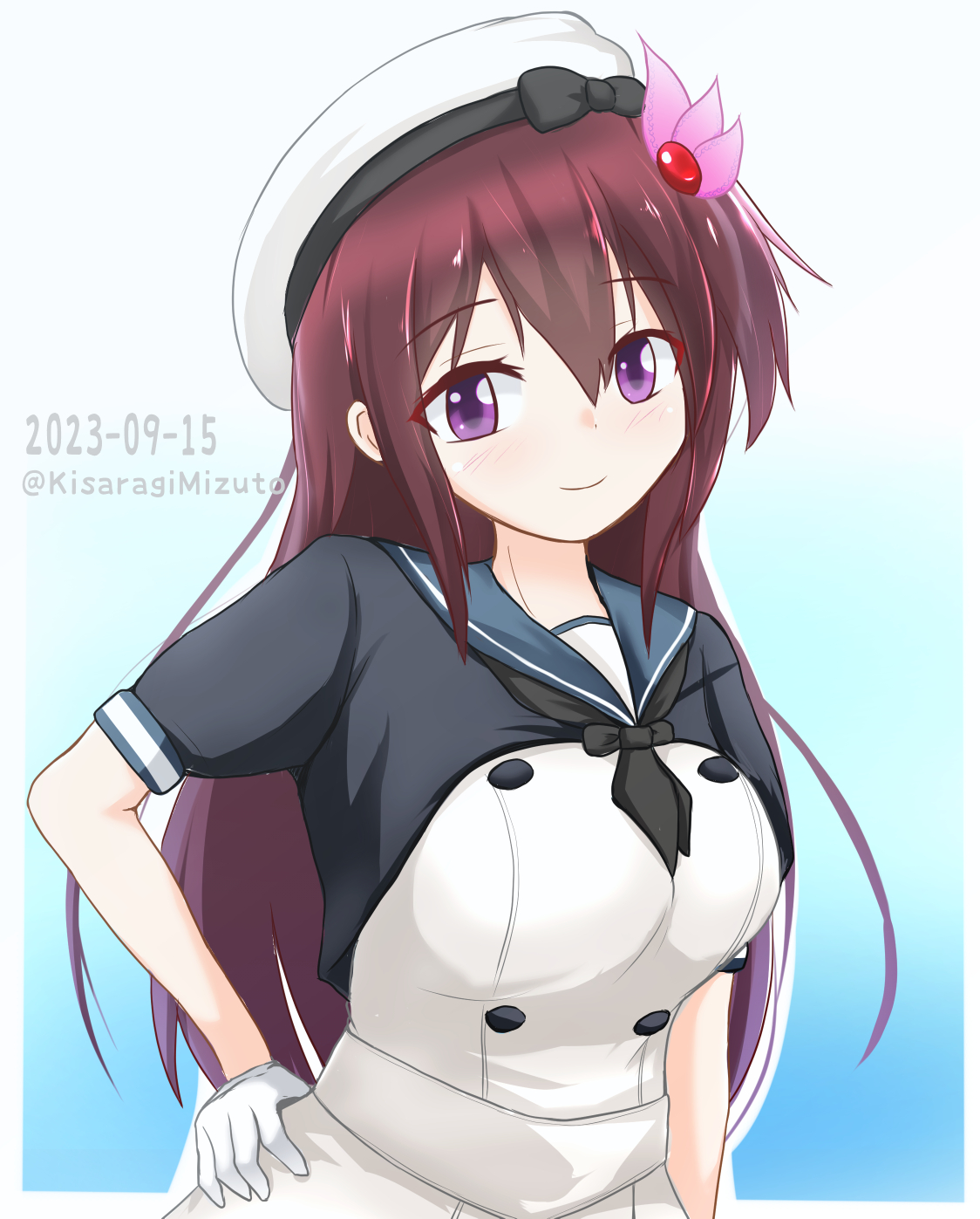 Safebooru - 1girl black neckerchief blue background blue sailor collar blush breasts brown hair ...