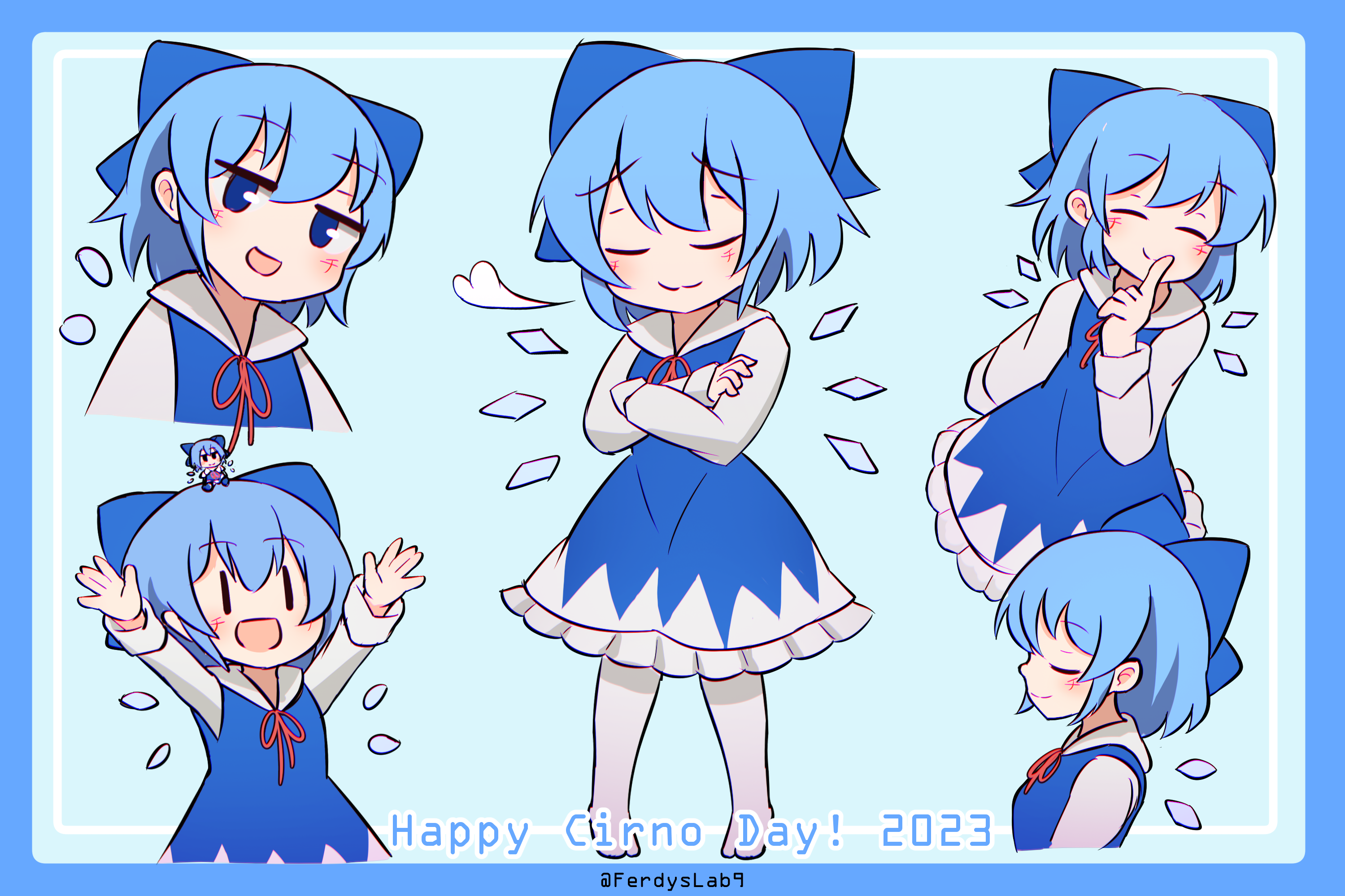 Safebooru - 1girl :d blue background blue bow blue dress blue hair bow cirno cirno day closed ...