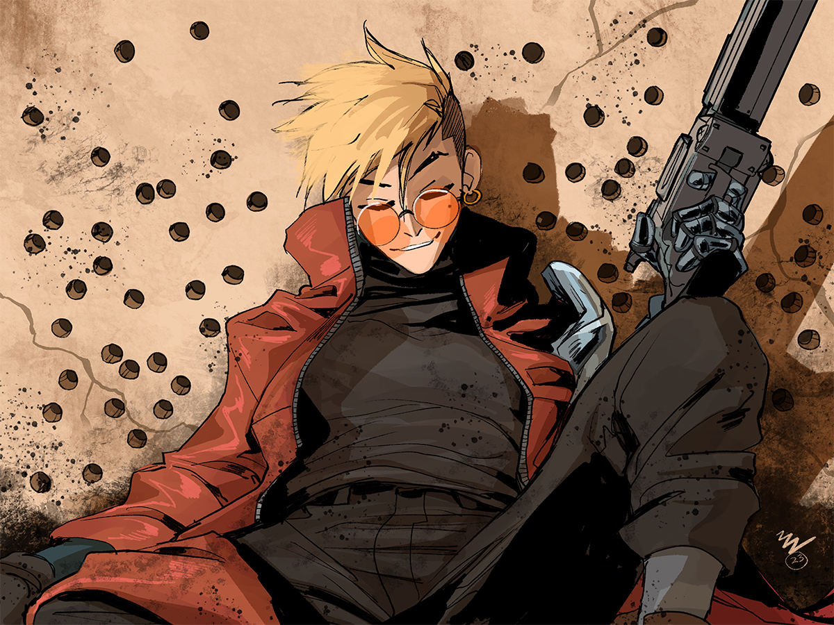Safebooru - 1boy against wall black pants black sweater blonde hair bullet hole closed eyes coat ...