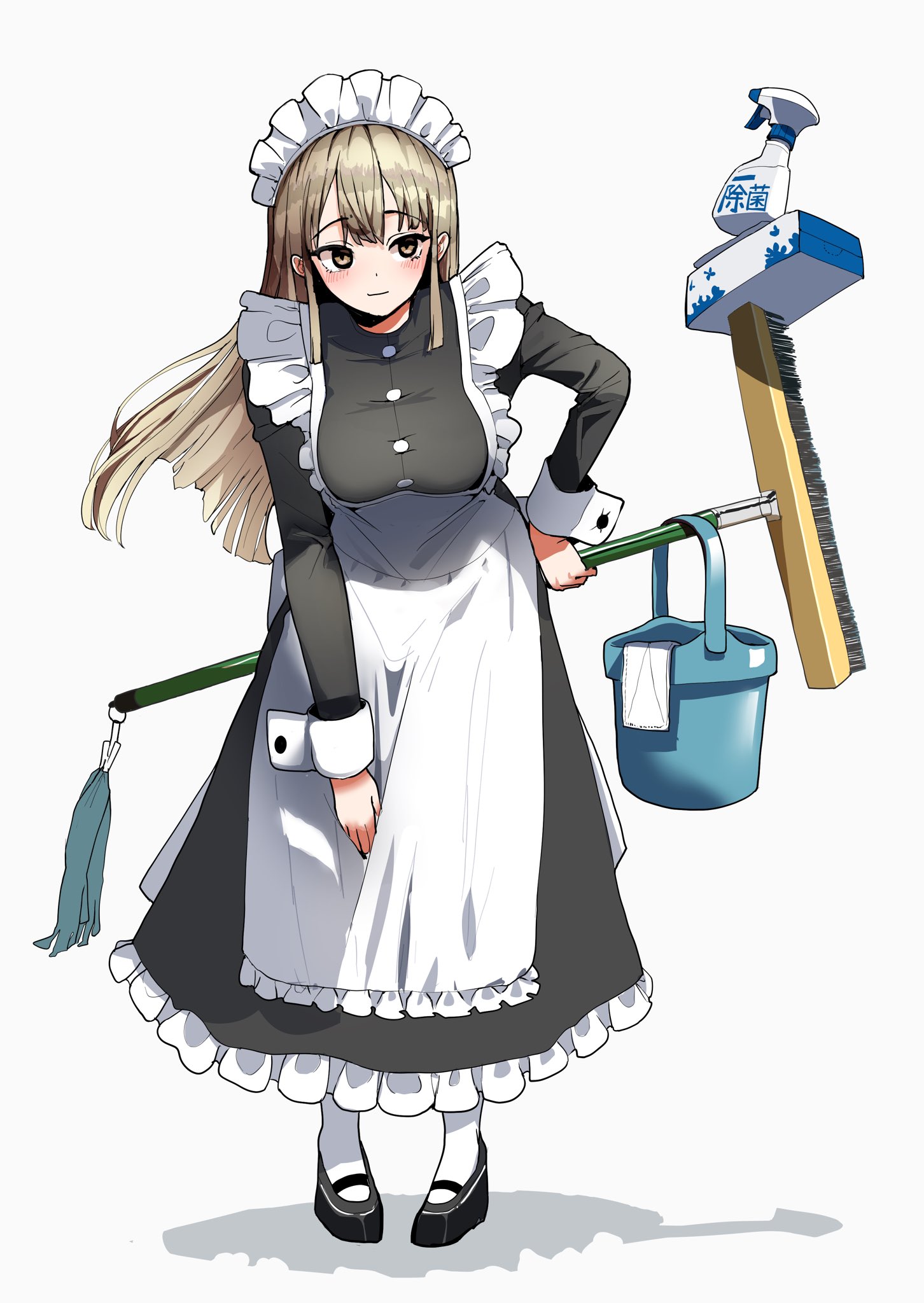 Safebooru - 1girl apron black dress blush bottle breasts broom brown ...