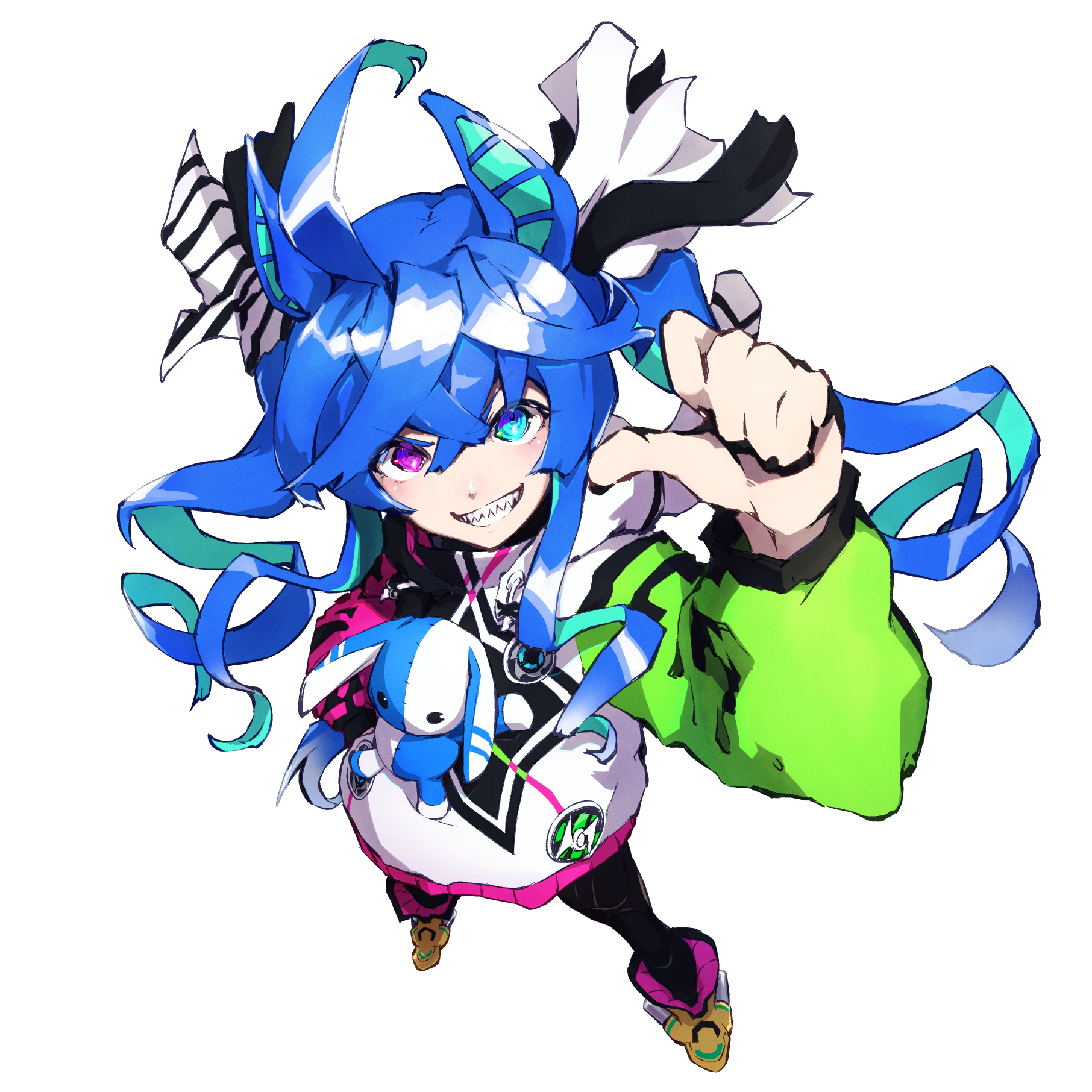 Safebooru - 1girl ahoge animal ears arm up black bodysuit blue eyes blue hair bodysuit boots bow ...