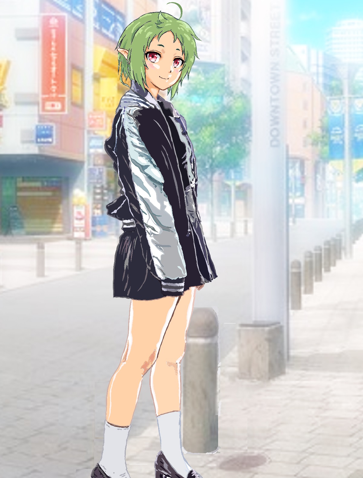 Safebooru - 1girl ahoge alternate costume black footwear black jacket black skirt blurry blurry ...