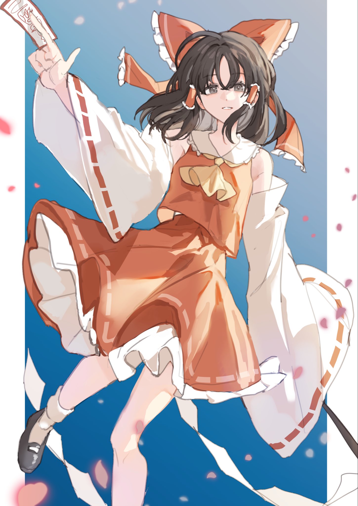 Safebooru - 1girl black hair blue background border bow cherry blossoms detached sleeves falling ...
