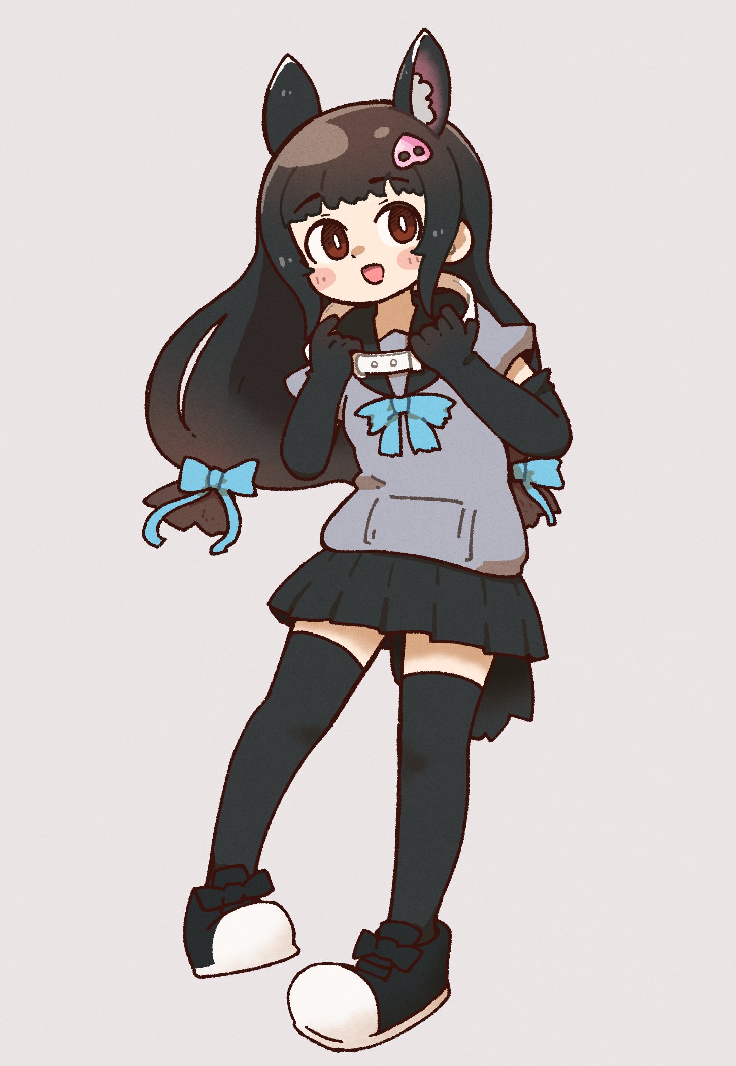 Safebooru - 1girl animal ears black gloves black hair black skirt black thighhighs blue bow blue ...