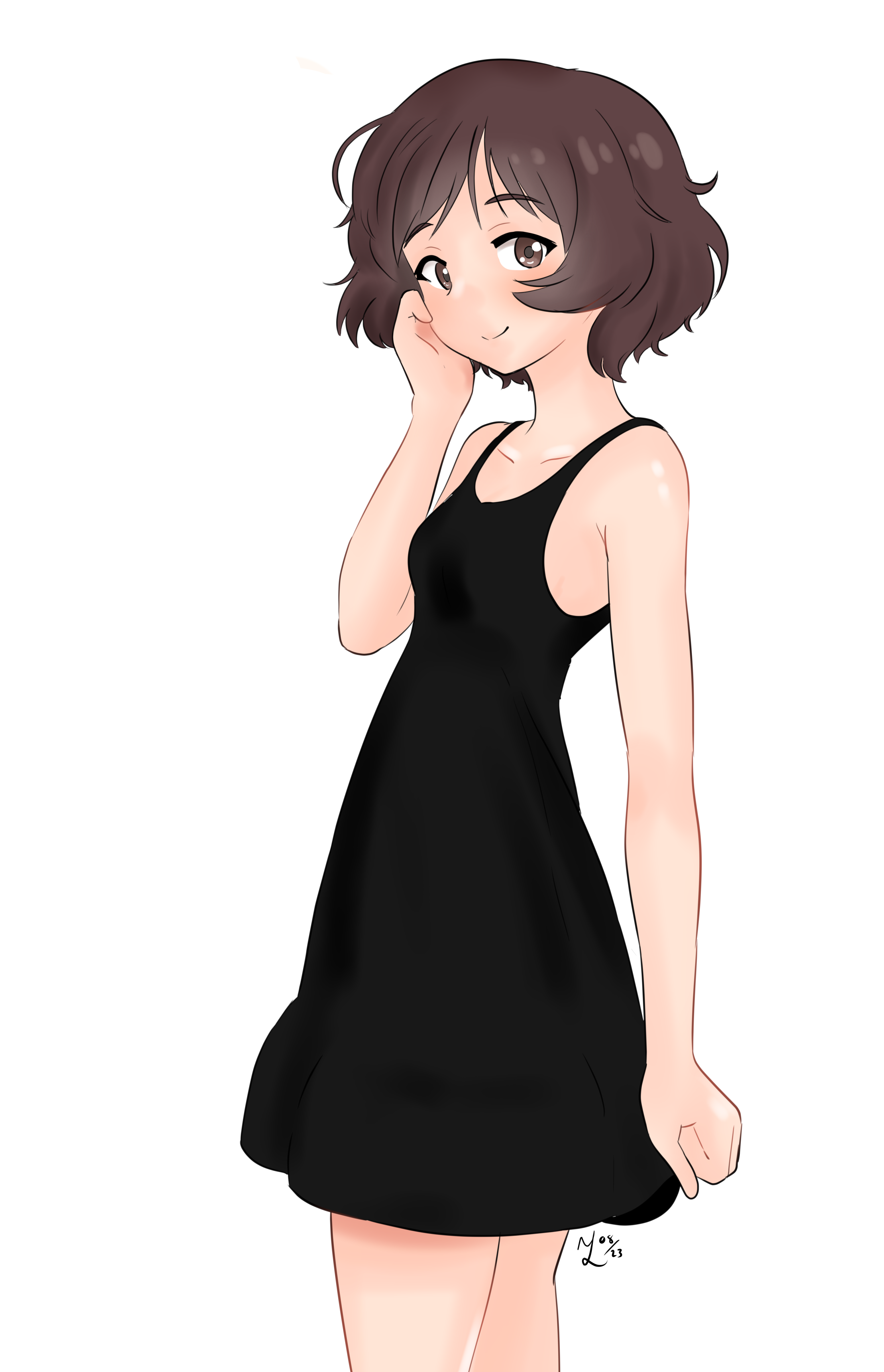 Safebooru - 1girl absurdres akiyama yukari artist name black dress brown eyes brown hair casual ...