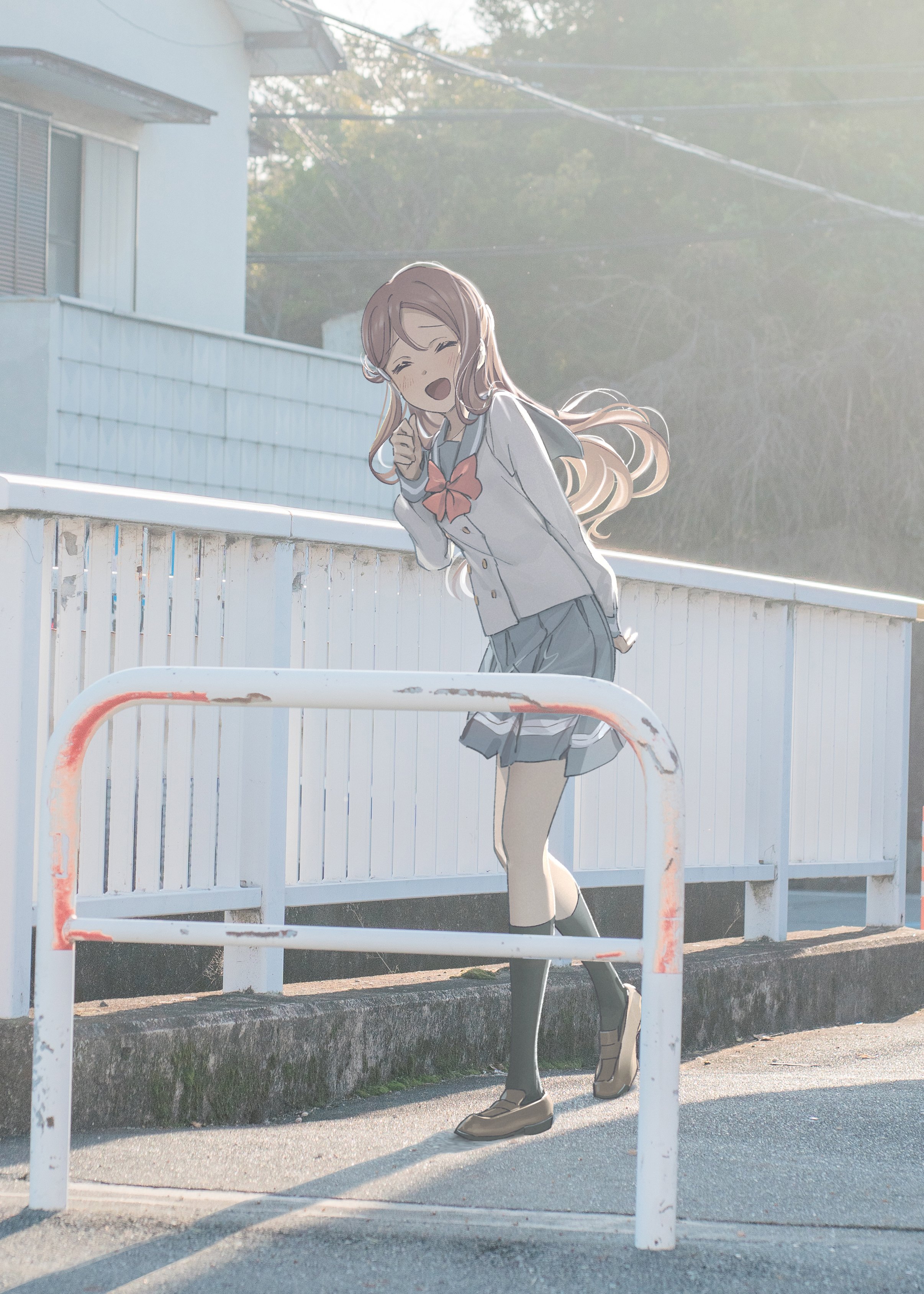 Safebooru - 1girl absurdres arm behind back black socks blue sailor collar blue skirt brown hair ...