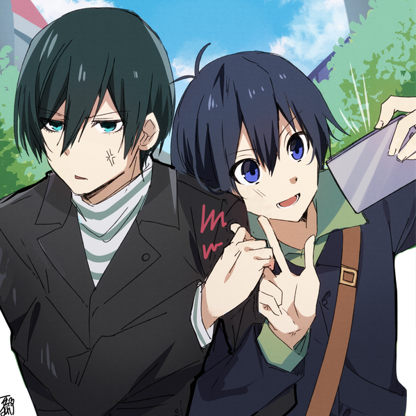 Safebooru - 2boys :d anger vein antenna hair black hair black jacket blue eyes blue lock ...