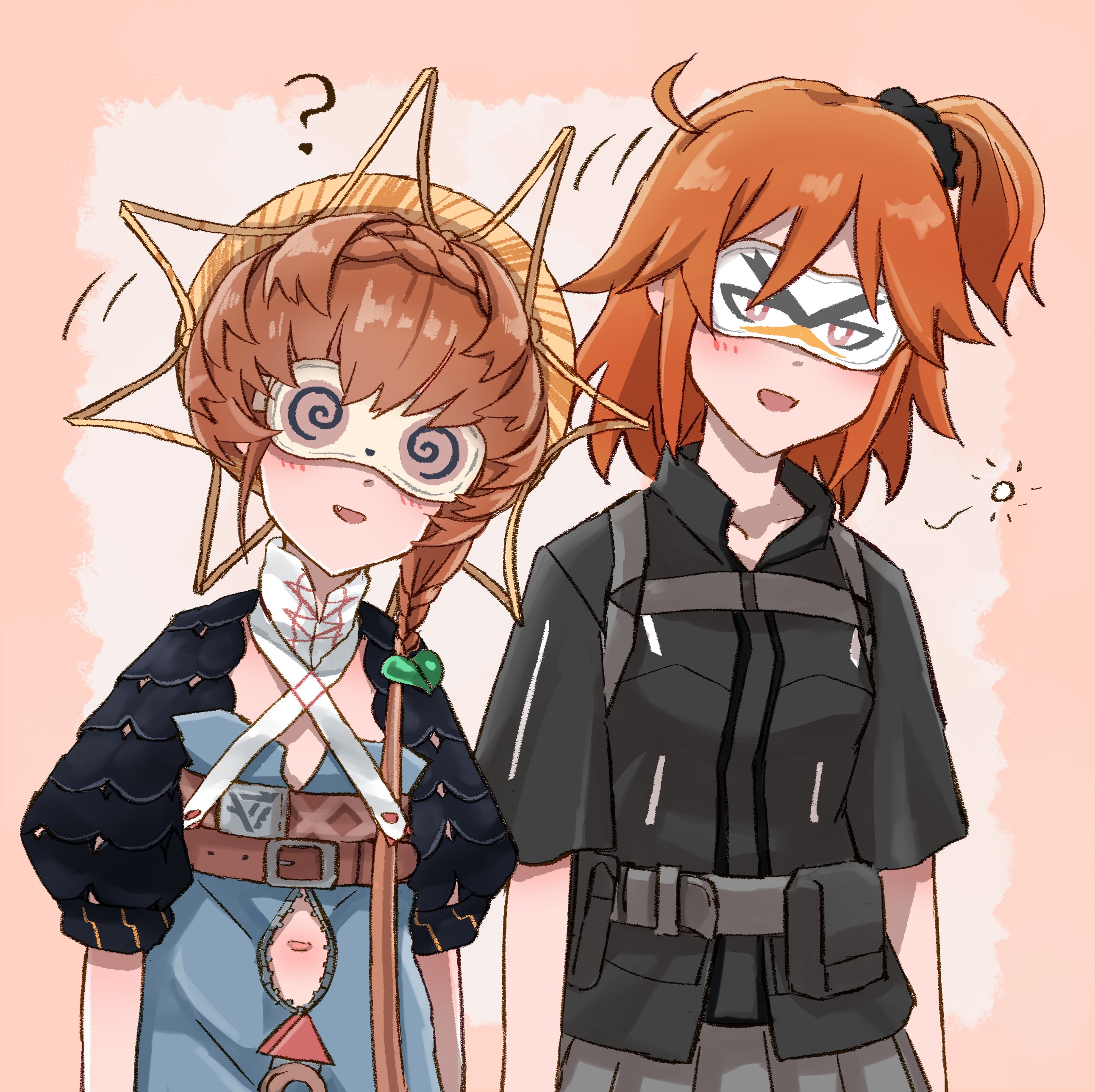 Safebooru - 2girls ? @ @ absurdres ahoge belt belt pouch black scrunchie black shirt black ...