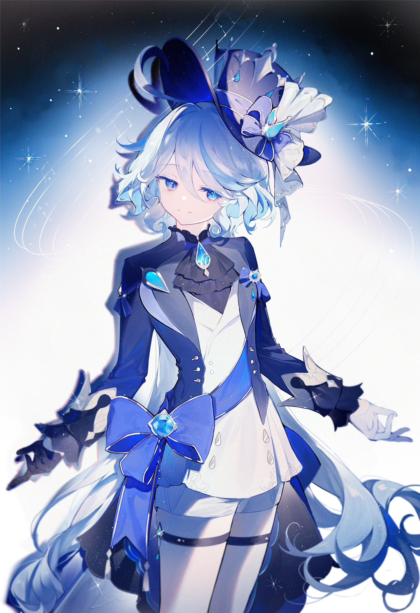 Safebooru - 1girl ahoge ascot black ascot black gloves blue bow blue brooch blue eyes blue hair ...