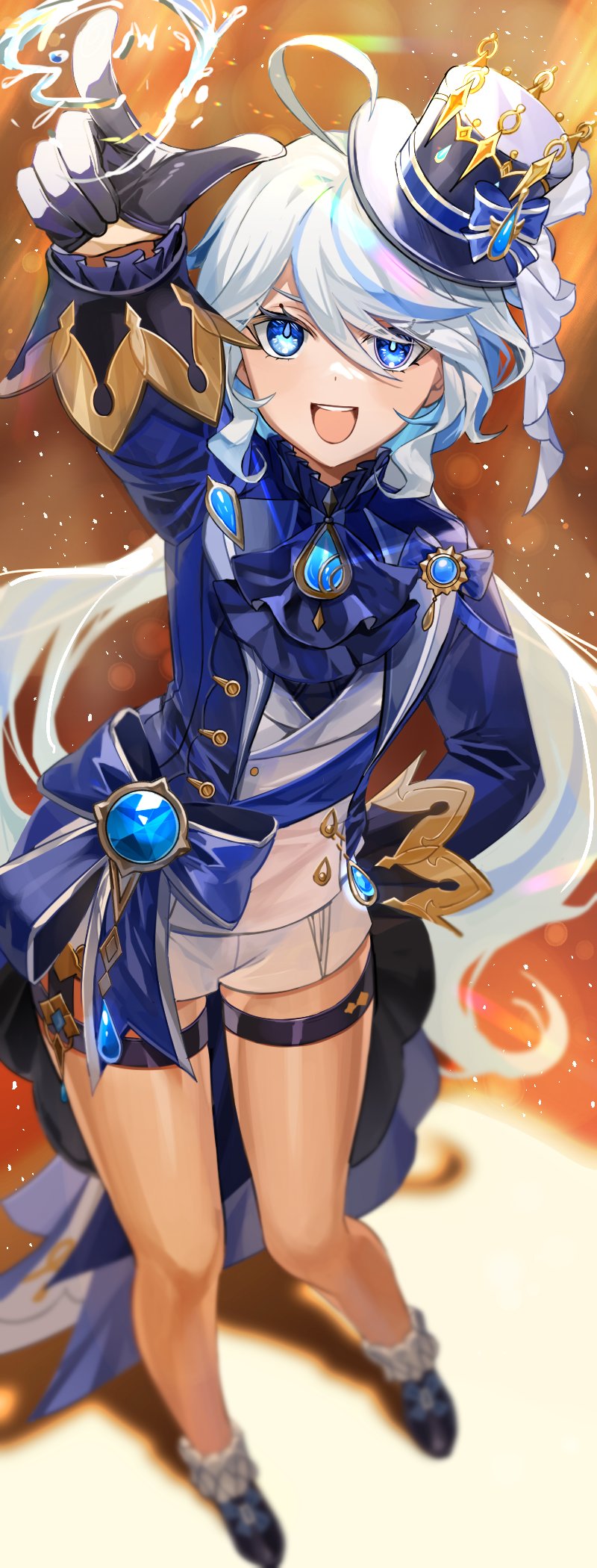 Safebooru - 1girl ahoge black gloves blue coat blue eyes blue headwear coat full body furina ...