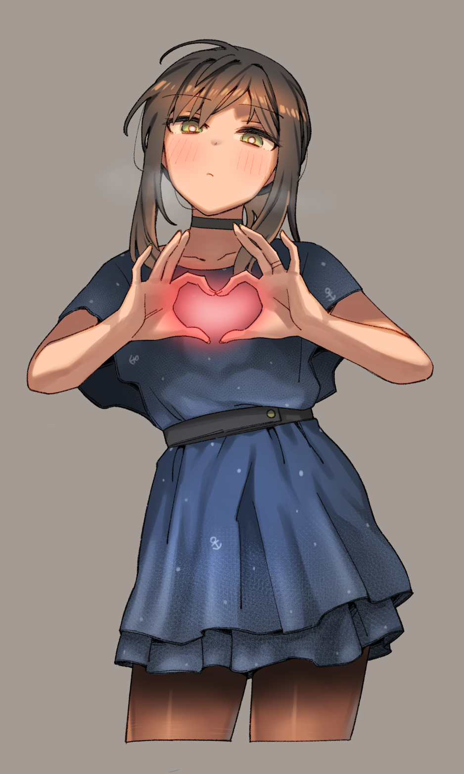 Safebooru - 1girl black choker black pantyhose blue dress blush brown hair choker closed mouth ...