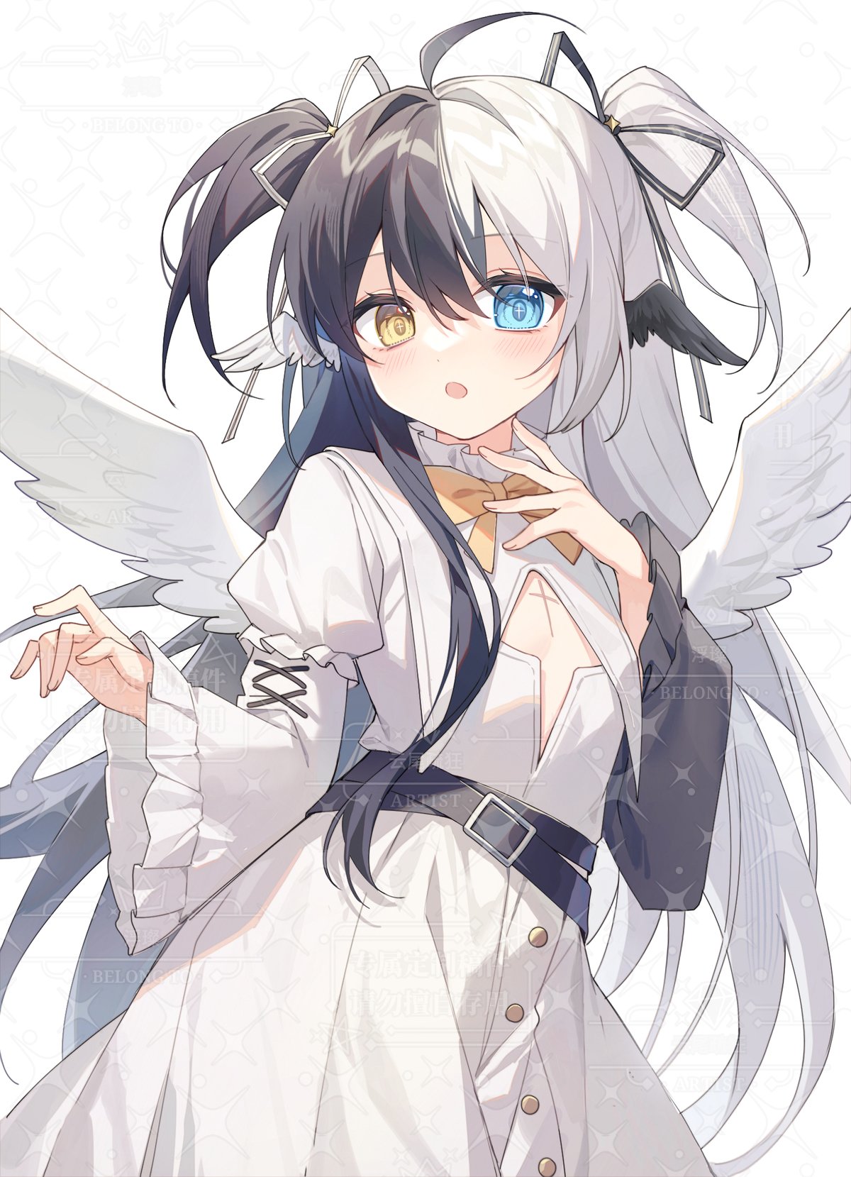 Safebooru 1girl Angel Wings Black Hair Blue Eyes Dress Head Wings 6999