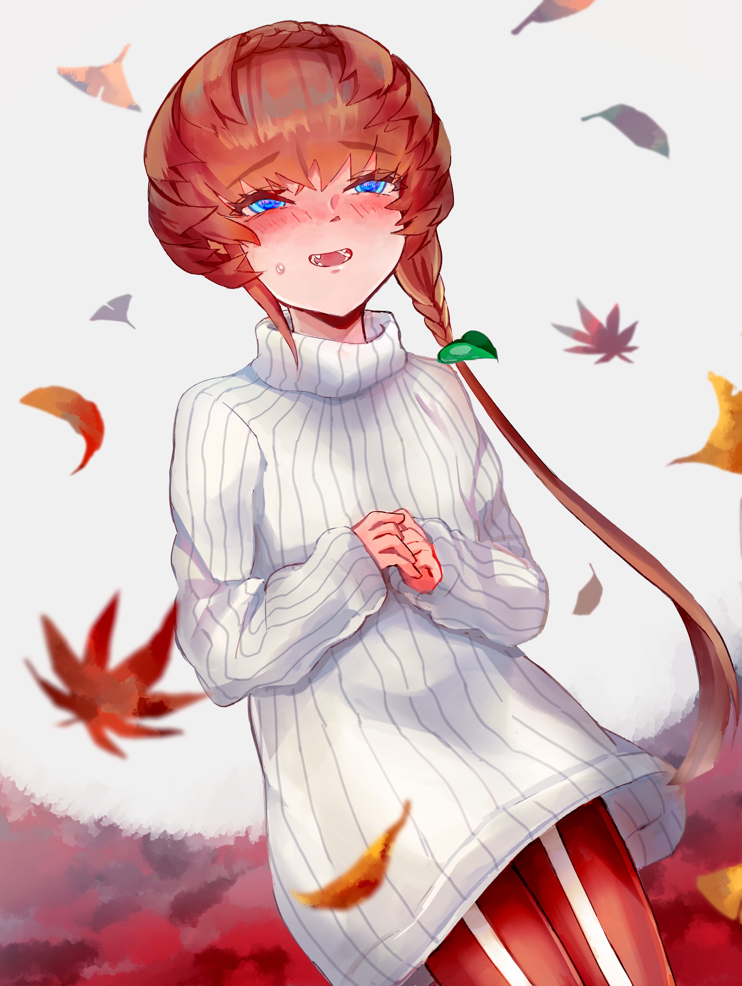 Safebooru - 1girl absurdres blue eyes blush braid brown hair crown braid falling leaves fangs ...