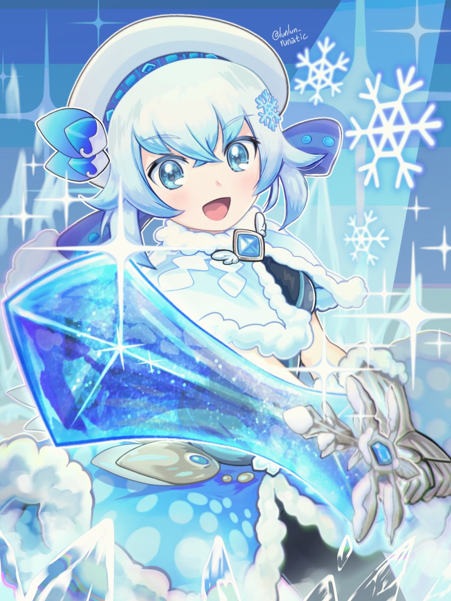 Safebooru - 1girl :d beret blue background blue capelet blue eyes blue gemstone blue hair blue ...