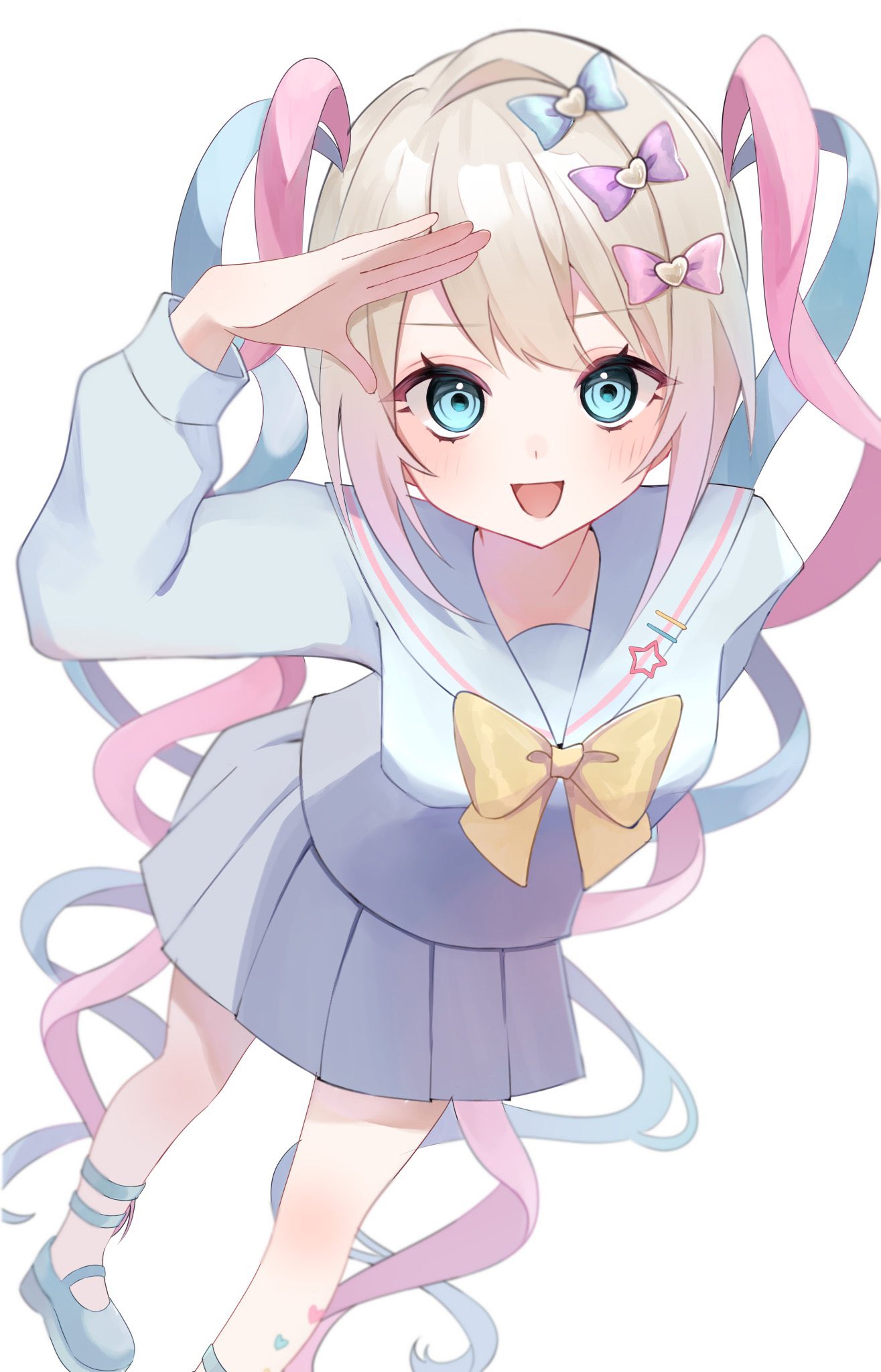 Safebooru - 1girl :d arm up blonde hair blue bow blue eyes blue footwear blue hair blue shirt ...